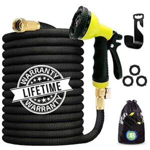 J&B XpandaHose 75ft Expandable Garden Hose with Holder - Heavy Duty Superior Strength 3750D - 4 -Layer Latex Core - Extra Strong Brass Connectors and 10 Spray Nozzle w/Storage Bag (Black 75)