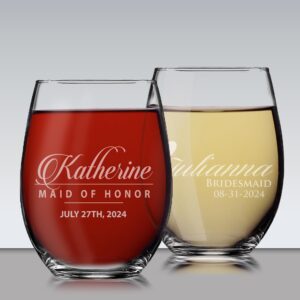 Monogrammed Stemless Wine Glass - Personalized Engraved Bridesmaid Maid of Honor Wedding Party Gift