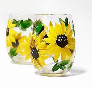 brushes with a view handmade sunflower stemless wine glasses, gift for women, sunflower kitchen decor, rustic country farmhouse, set of 2, hand painted