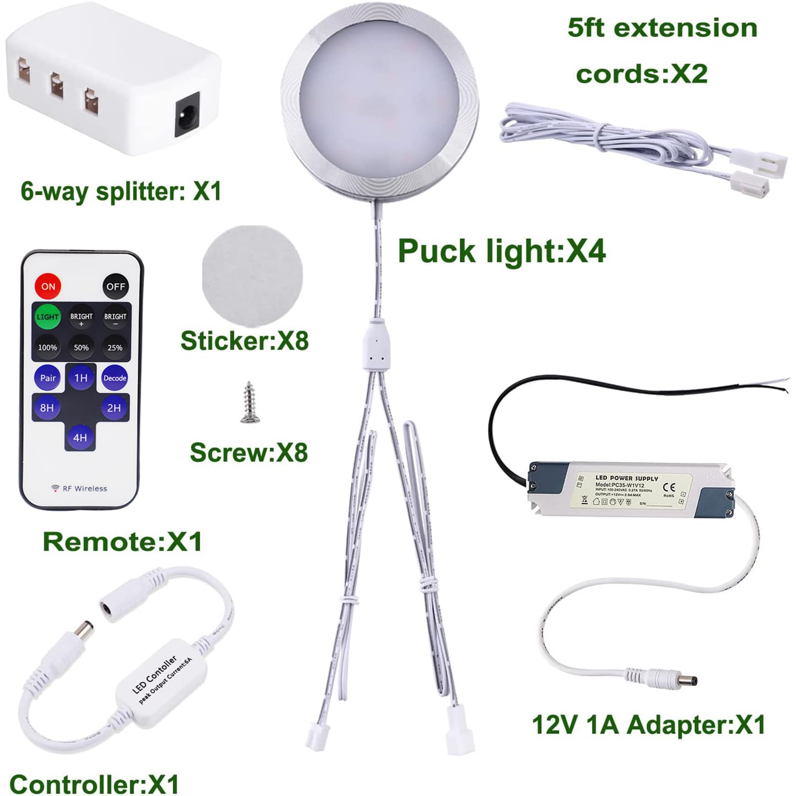 AIBOO Linkable LED Under Cabinet Lights Direct Wired 12V Slim Aluminum Dimmable Puck Lights with RF Remote Control for Accent Lighting (4 Lights, Warm White, NO Wall Plug)