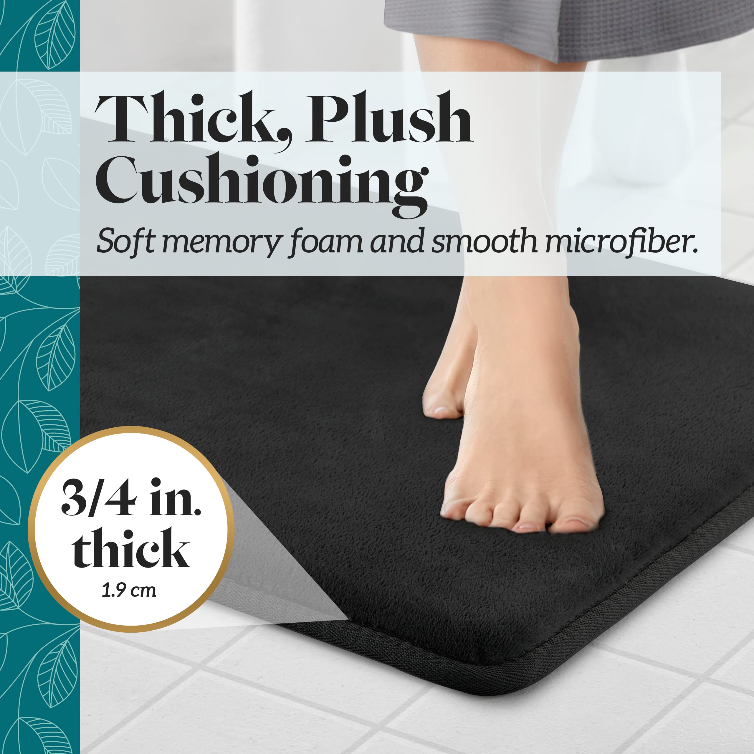 Genteele Bath Mats for Bathroom Non Slip - Black 17" x 24" Memory Foam Bathroom Rugs - Quick Dry Bath Mat