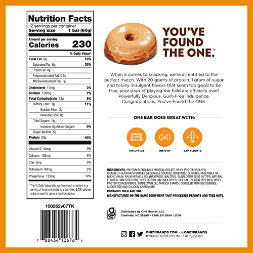 ONE Protein Bars, Maple Glazed Doughnut, Gluten-Free Protein Bar with 20g Protein and only 1g Sugar, Snacking for High Protein Diets, 2.12 Ounce (12 Pack)