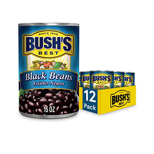 BUSH'S BEST 15 oz Canned Black Beans, Source of Plant Based Protein and Fiber, Low Fat, Gluten Free, (Pack of 12)