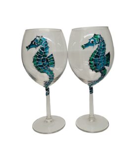 seahorse blue green hand painted wine glasses set of 2