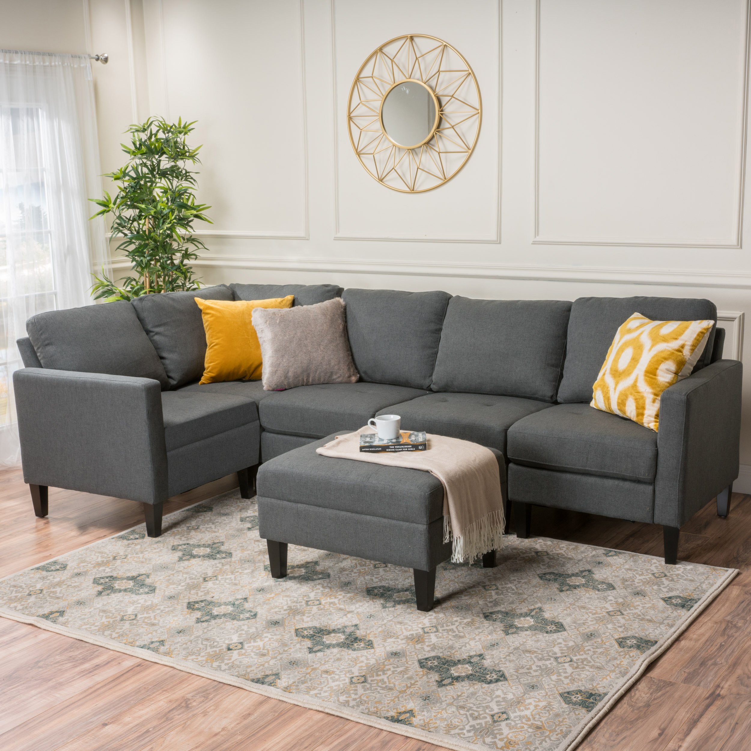 GDF Studio Bridger Oxford Grey Fabric Sectional Couch with Ottoman