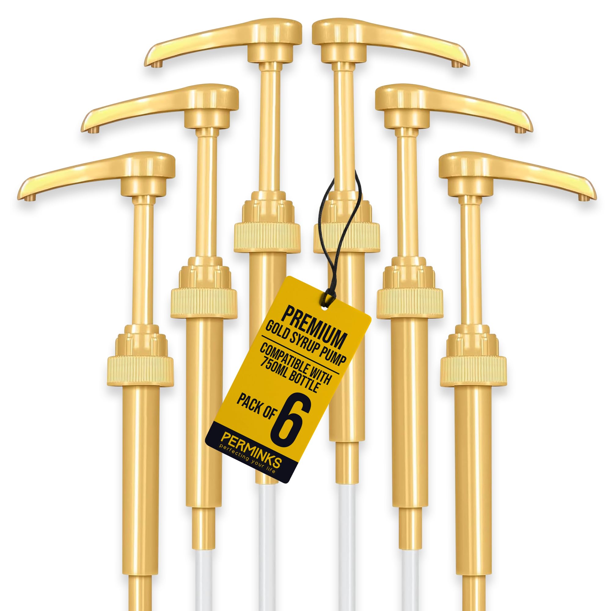 Premium Gold Syrup Pumps Set Of 6 | Fits 750ml Bottles | Ideal For Coffee Syrups, Snow Cones, Flavorings & More | No Clogging, Spilling & Dripping Fixed Angle Pump