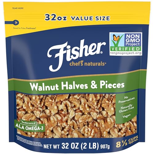 Fisher Chef's Naturals Walnut Halves & Pieces 2 lb, 100% California Unsalted Walnuts for Baking & Cooking, Snack Topping, Great with Yogurt & Cereal, Vegan Protein, Keto Snack, Gluten Free