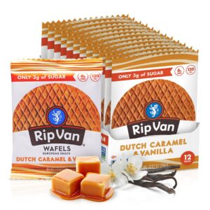 rip van wafels dutch caramel & vanilla stroopwafels, healthy non gmo, low calorie / sugar office snacks, keto friendly, (3g), 12 count (packaging may vary)