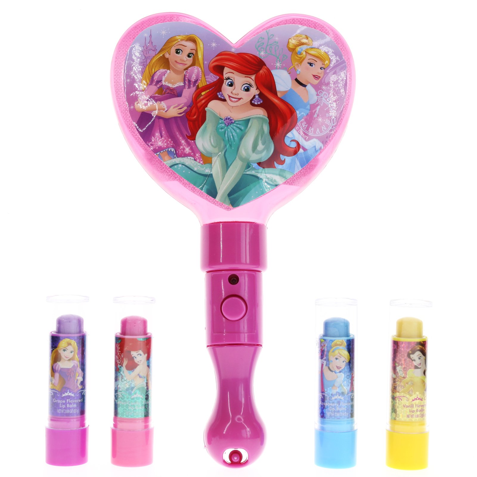 Townley Girl Disney Princess Sparkly Lip Balm For Girls, 4 pack with Light Up Mirror