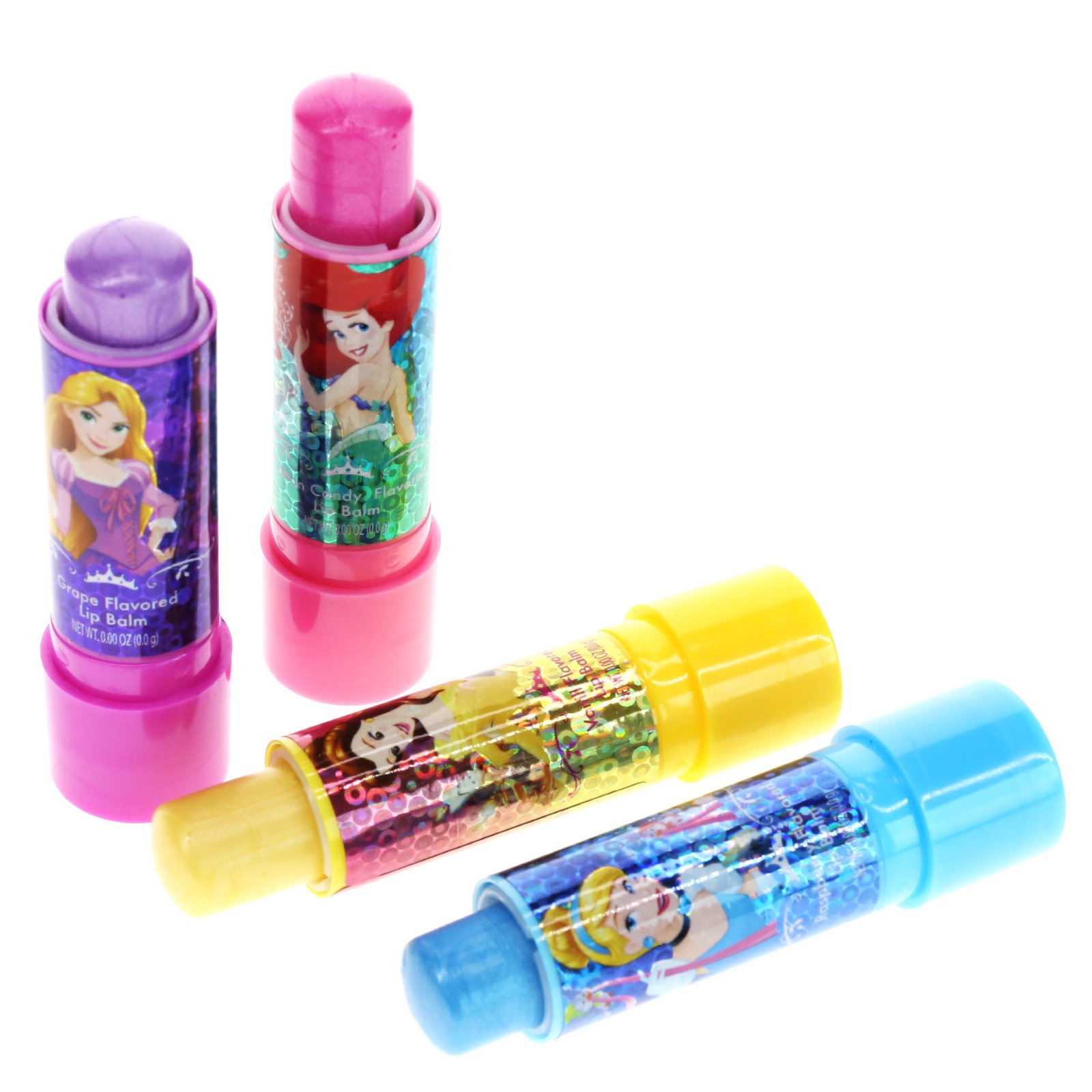 Townley Girl Disney Princess Sparkly Lip Balm For Girls, 4 pack with Light Up Mirror