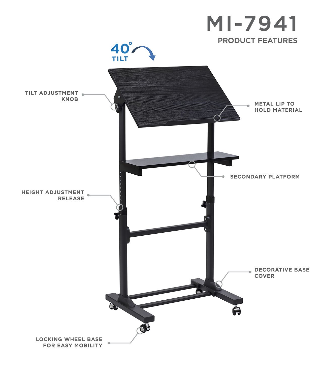 Mount-It! Mobile Stand Up Desk, Portable Podium and Presentation Lectern Height-Adjustable Multi-Purpose Standing Workstation,Black.