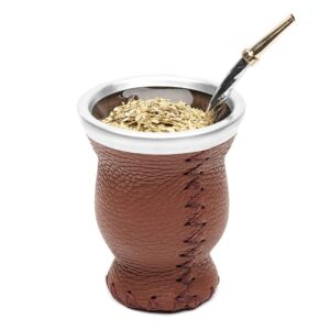 balibetov [new leather & glass yerba mate gourd set (mate cup) with yerba mate bombilla (straw) (brown)