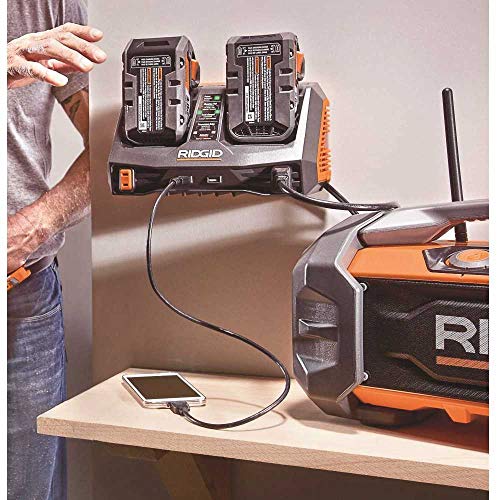 Ridgid AC840094 Gen5X Dual Port 18V Lithium Ion and NiCad Battery Charger with Pass-Through AC Ports and USB Charging (Batteries Not Included, Charger Only)