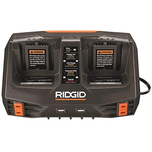 Ridgid AC840094 Gen5X Dual Port 18V Lithium Ion and NiCad Battery Charger with Pass-Through AC Ports and USB Charging (Batteries Not Included, Charger Only)