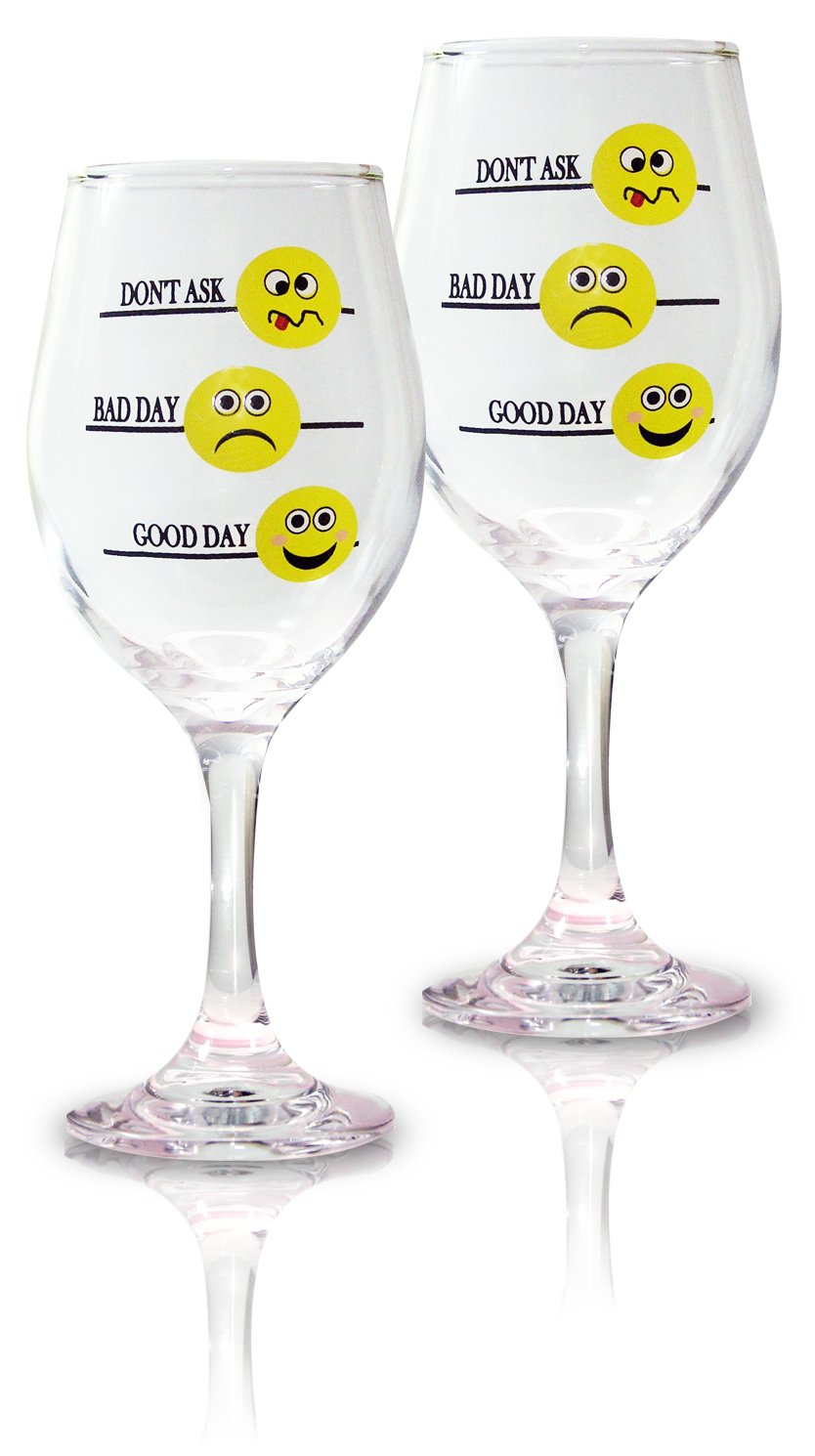 BANBERRY DESIGNS Funny Wine Glasses - Good Day Bad Day Don't Ask - Set of 2 Emoji Wine Glasses - Birthdays Anniversaries Valentines Everyday