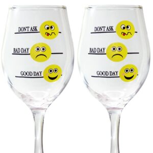 BANBERRY DESIGNS Funny Wine Glasses - Good Day Bad Day Don't Ask - Set of 2 Emoji Wine Glasses - Birthdays Anniversaries Valentines Everyday