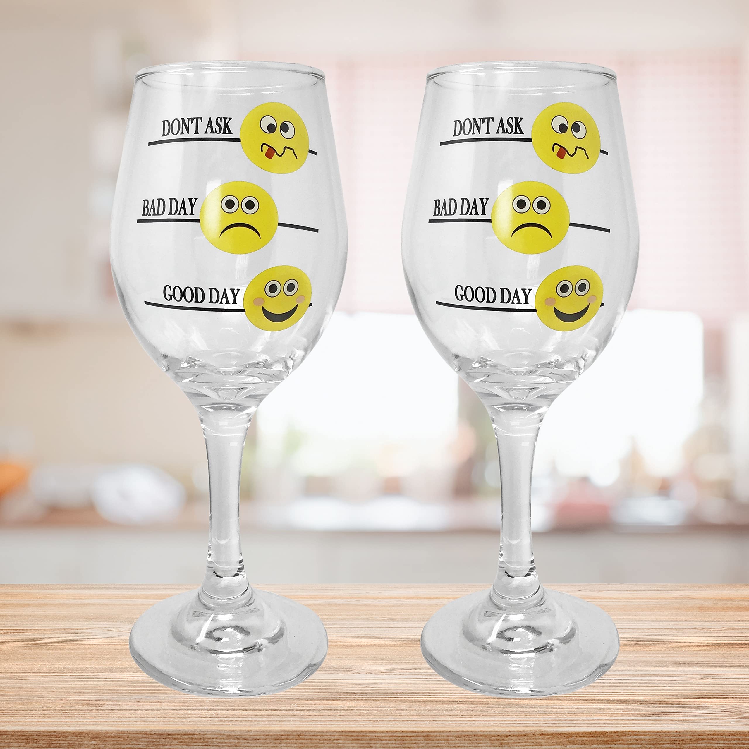 BANBERRY DESIGNS Funny Wine Glasses - Good Day Bad Day Don't Ask - Set of 2 Emoji Wine Glasses - Birthdays Anniversaries Valentines Everyday