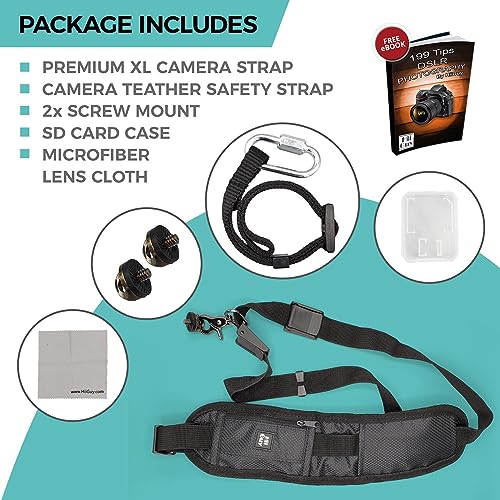 HiiGuy Camera Strap, Adjustable Padded Sling for All SLR and DSLR Cameras, Neck and Shoulder Strap, 32 Inches Long, with Screw Mount, Safety Tether