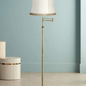 360 Lighting Westbury Modern Swing Arm Floor Lamp Standing 70" Tall Antique Brass Gold Adjustable Ivory Linen Drum Shade with Taupe Trim for Living Room Reading House Bedroom Office