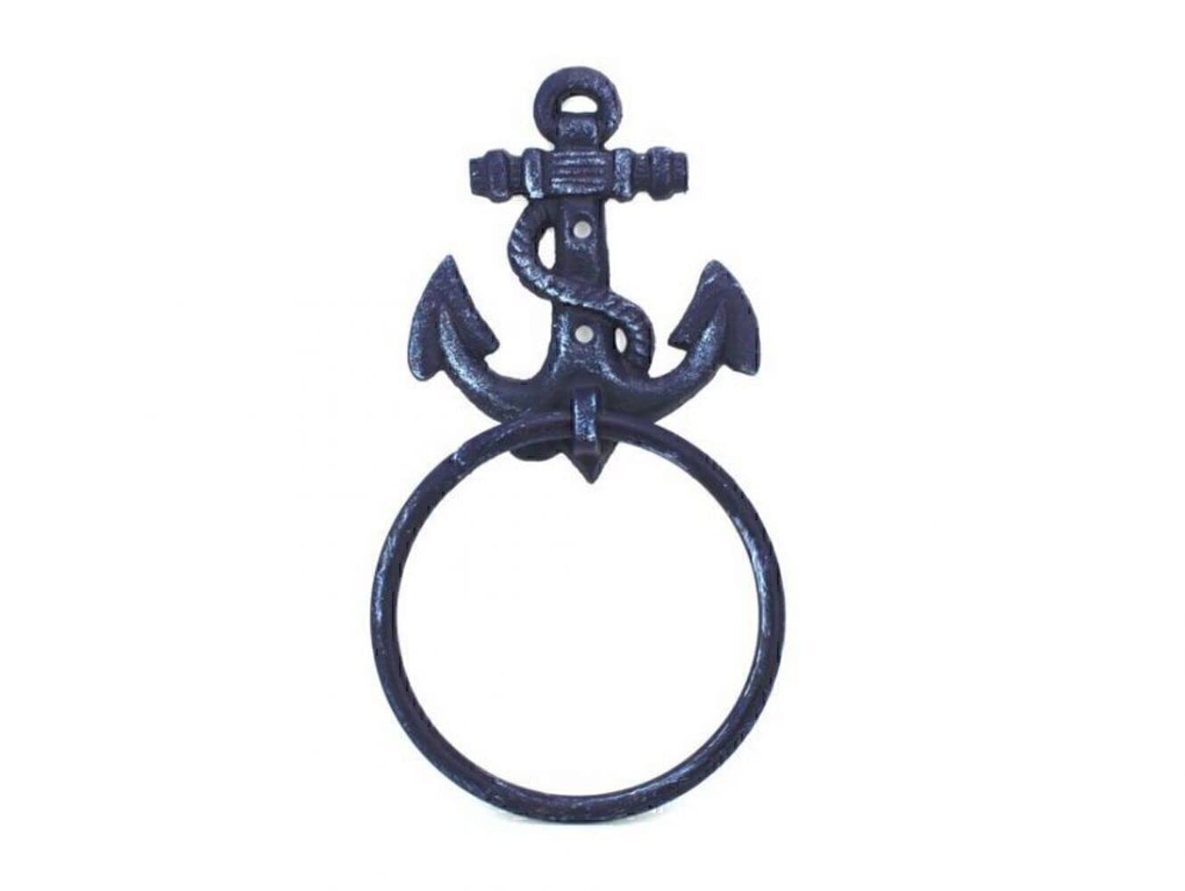 Handcrafted Nautical Decor Rustic Dark Blue Cast Iron Anchor Towel Holder 8.5" - Cast Iron Decoration - an