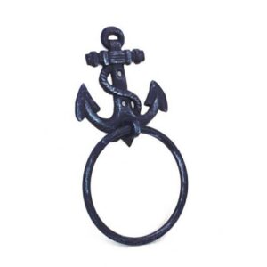 Handcrafted Nautical Decor Rustic Dark Blue Cast Iron Anchor Towel Holder 8.5" - Cast Iron Decoration - an