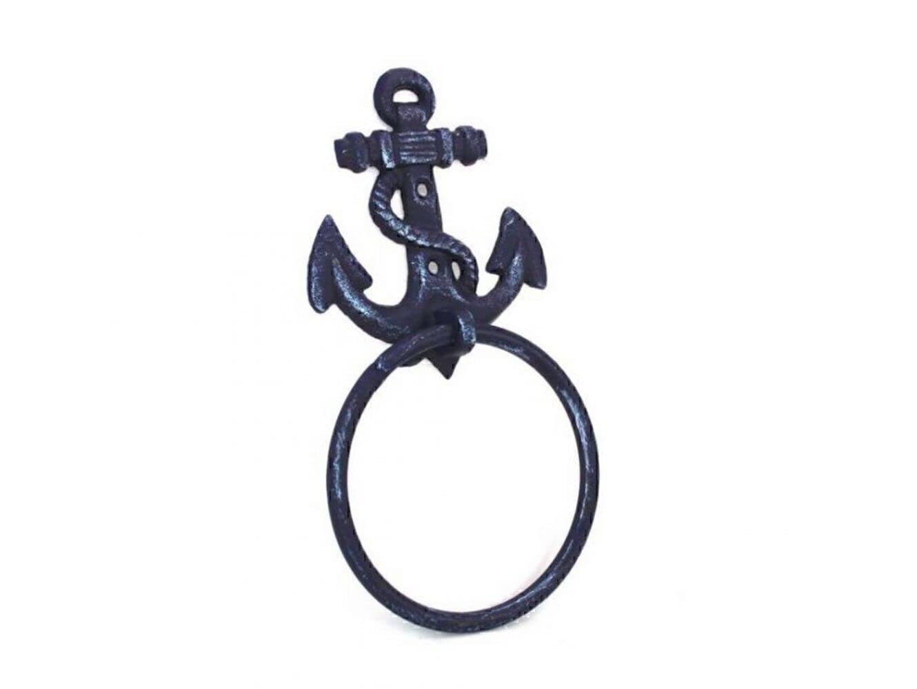 Handcrafted Nautical Decor Rustic Dark Blue Cast Iron Anchor Towel Holder 8.5" - Cast Iron Decoration - an