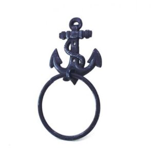 Handcrafted Nautical Decor Rustic Dark Blue Cast Iron Anchor Towel Holder 8.5" - Cast Iron Decoration - an