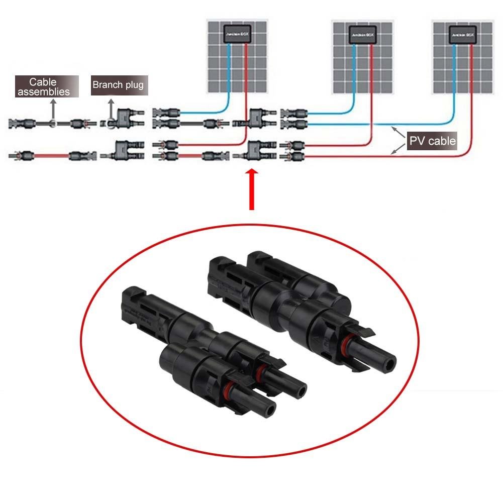 Sun YOBA 2 Pairs T/Y Branch Cable Connectors 2 to 1 Cable Splitter for Solar Panel System Connectors MMF and FFM Splitter Coupler Wire Branch