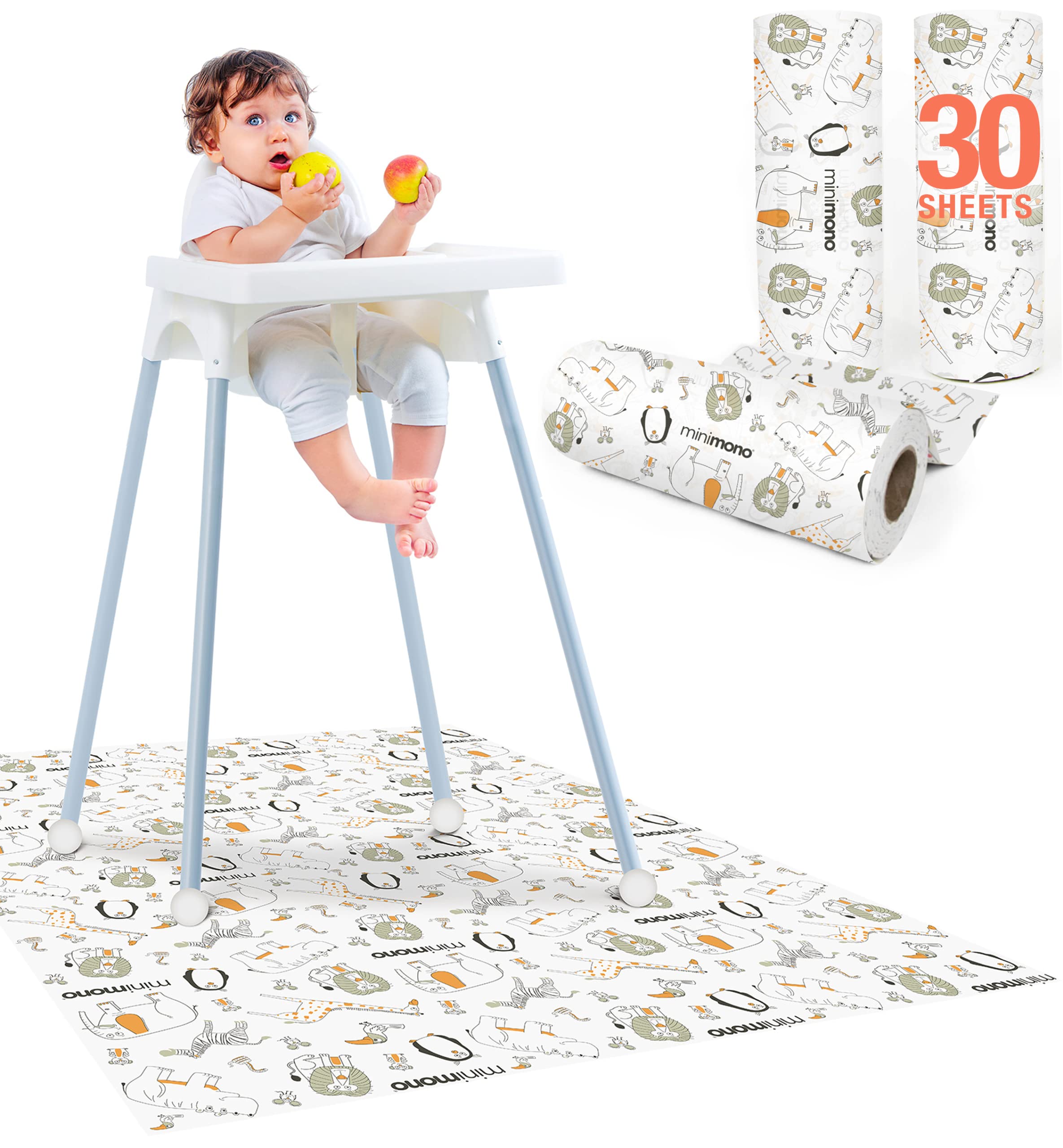 Minimono Baby Splat Mat for Under High Chair - 30 Pcs Disposable and Waterproof Splash Mats - 40"x47" Multipurpose Activity Mat for Picnic Art Craft - Baby Led Weaning Supplies (Penguins)