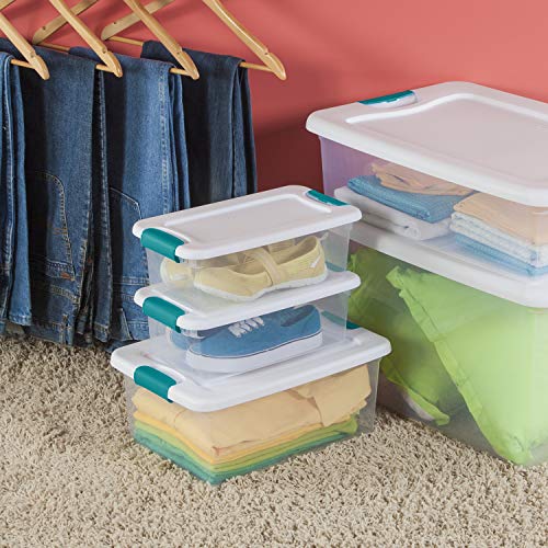 Sterilite 6 Qt Latching Storage Box, Stackable Bin with Latch Lid, Plastic Container to Organize Shoes on Closet Shelf, Clear with White Lid, 12-Pack