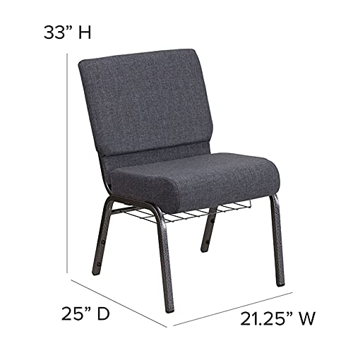 Flash Furniture HERCULES Series 21''W Church Chair in Dark Gray Fabric with Book Rack - Silver Vein Frame