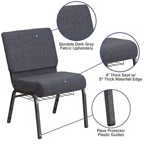 Flash Furniture HERCULES Series 21''W Church Chair in Dark Gray Fabric with Book Rack - Silver Vein Frame