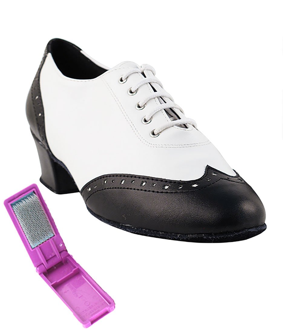 Very Fine Dance Shoes - Ladies Practice, Cuban Low Heel, Waltz Ballroom Dance Shoes - 2008-1.5-inch Heel and Foldable Brush Bundle - Black Leather - White Leather - 7