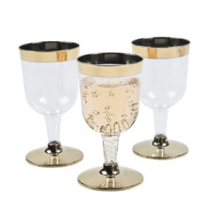 Fun Express Gold Rimmed Plastic Wine Glasses - Bulk set of 25, each holds 6 oz - Wedding, Event and Party Supplies