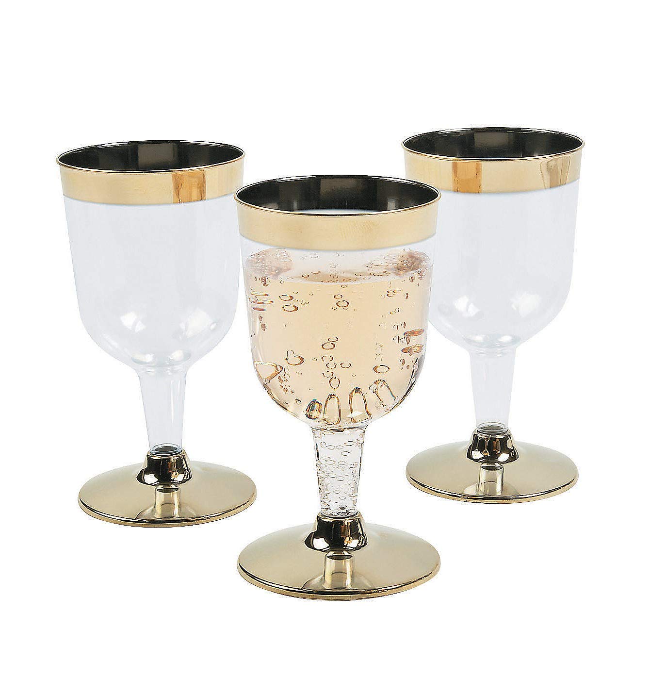 Fun Express Gold Rimmed Plastic Wine Glasses - Bulk set of 25, each holds 6 oz - Wedding, Event and Party Supplies