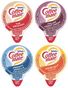 coffee mate liquid .375oz variety pack (4 flavor) 100 count includes original, french vanilla, hazelnut, italian sweet crème & by the cup sugar packets