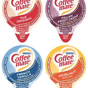 Coffee mate Liquid .375oz Variety Pack (4 Flavor) 100 Count includes Original, French Vanilla, Hazelnut, Italian Sweet Crème & By The Cup Sugar Packets