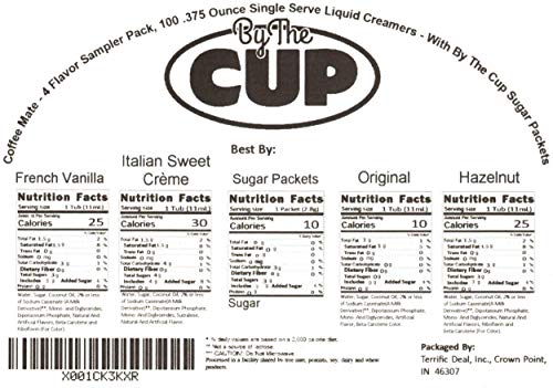 Coffee mate Liquid .375oz Variety Pack (4 Flavor) 100 Count includes Original, French Vanilla, Hazelnut, Italian Sweet Crème & By The Cup Sugar Packets