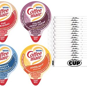 Coffee mate Liquid .375oz Variety Pack (4 Flavor) 100 Count includes Original, French Vanilla, Hazelnut, Italian Sweet Crème & By The Cup Sugar Packets