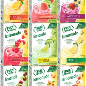 True Lemon STRAWBERRY, WILDBERRY, LIMEADE, WATERMELON, BLACK CHERRY, MANGO ORANGE, PEACH, LEMONADE, RASPBERRY 10ct each box. Citrus Sample Kit, 1.06 Ounce (Pack of 9)