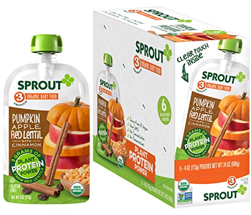 Sprout Organic Baby Food Pouches Stage 3 Plant Powered Protein, Pumpkin Apple Red Lentil w/ Cinnamon, 4 Oz (Pack of 12)