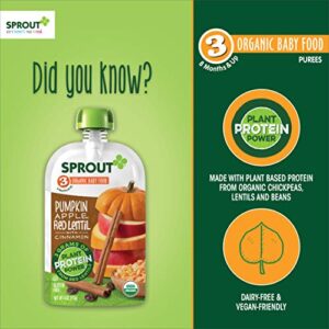 Sprout Organic Baby Food Pouches Stage 3 Plant Powered Protein, Pumpkin Apple Red Lentil w/ Cinnamon, 4 Oz (Pack of 12)