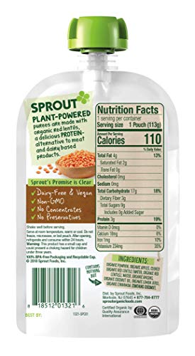 Sprout Organic Baby Food Pouches Stage 3 Plant Powered Protein, Pumpkin Apple Red Lentil w/ Cinnamon, 4 Oz (Pack of 12)