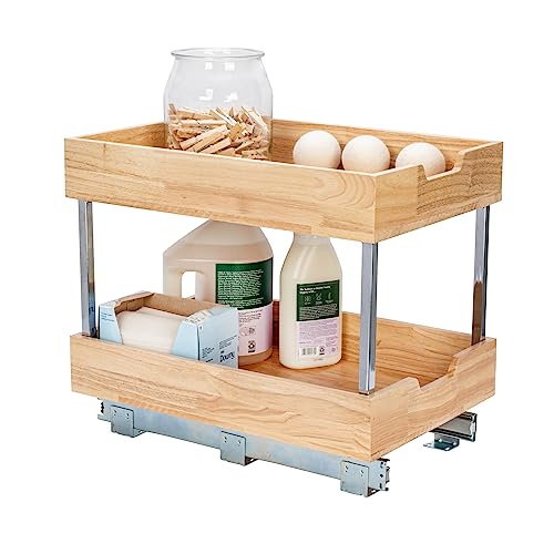 Household Essentials 2 Tier Pull Out Cabinet Organizer, Solid Wood Basket, Fully Extending Gliders, Bottom Cabinet Organizer, Heavy-Duty, Natural Finish and Chrome