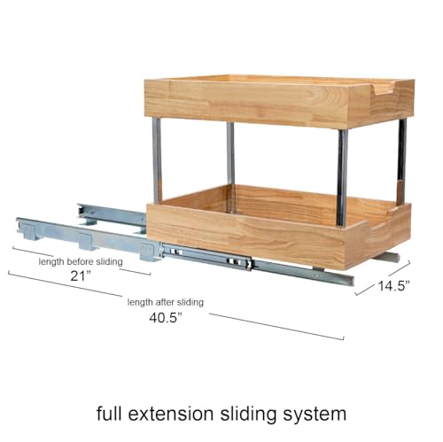 Household Essentials 2 Tier Pull Out Cabinet Organizer, Solid Wood Basket, Fully Extending Gliders, Bottom Cabinet Organizer, Heavy-Duty, Natural Finish and Chrome