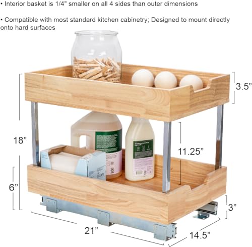 Household Essentials 2 Tier Pull Out Cabinet Organizer, Solid Wood Basket, Fully Extending Gliders, Bottom Cabinet Organizer, Heavy-Duty, Natural Finish and Chrome