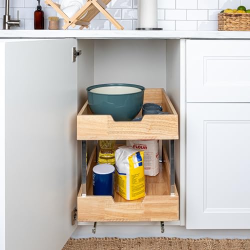 Household Essentials 2 Tier Pull Out Cabinet Organizer, Solid Wood Basket, Fully Extending Gliders, Bottom Cabinet Organizer, Heavy-Duty, Natural Finish and Chrome