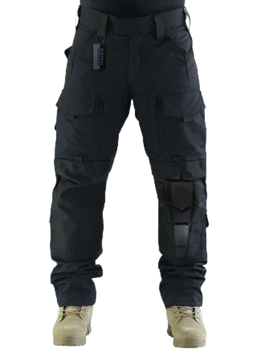 ZAPT Breathable Ripstop Fabric Pants Military Combat Multi-Pocket Molle Tactical Pants with EVA Knee Pads (Solid Black, L)