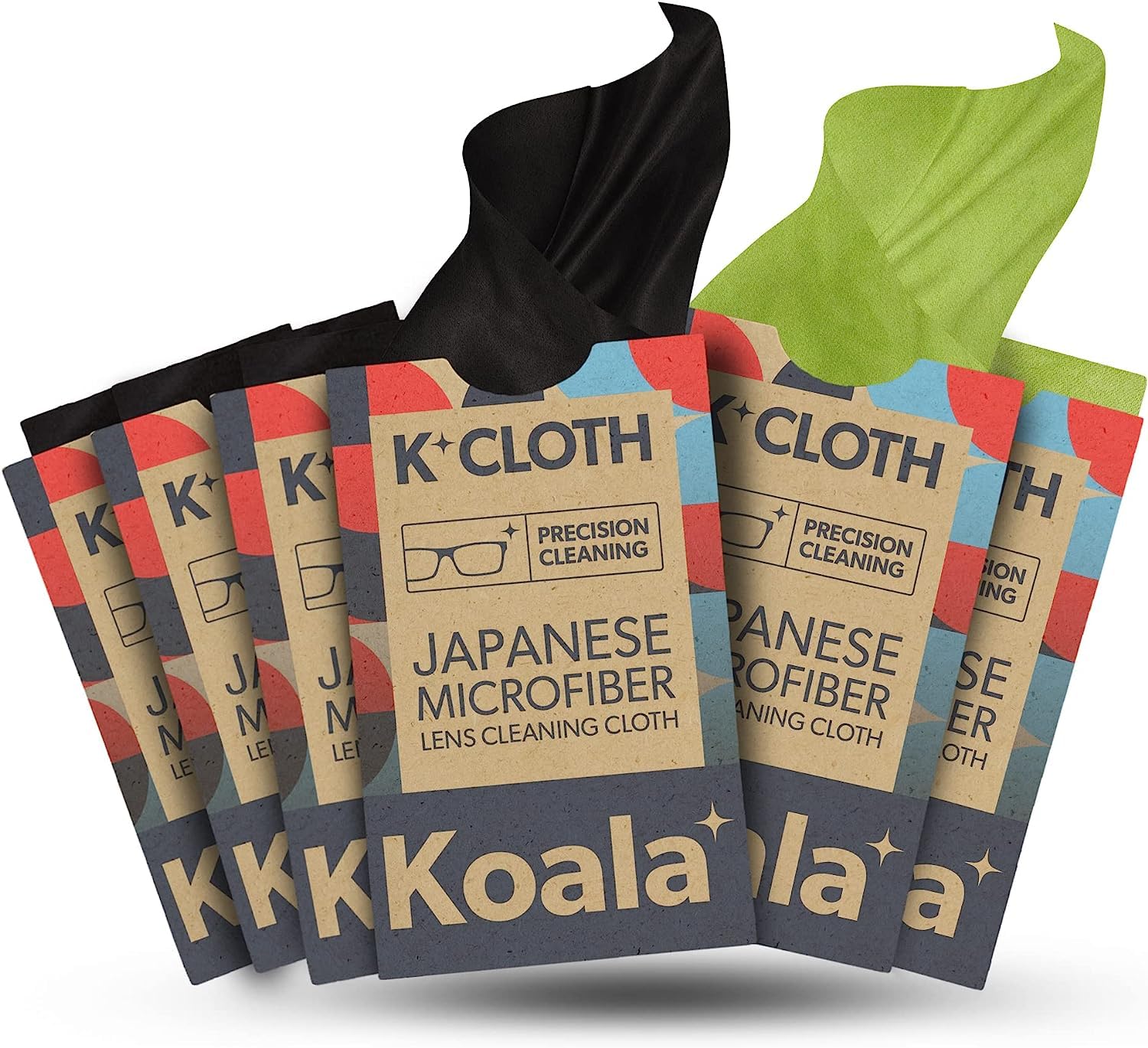 Koala Lens Cleaning Cloth | Japanese Microfiber | Glasses Cleaning Cloths | Eyeglass Lens Cleaner | Eyeglasses, Camera Lens, VR/AR Headset, and Screen Cleaning | Black & Green (Pack of 6)