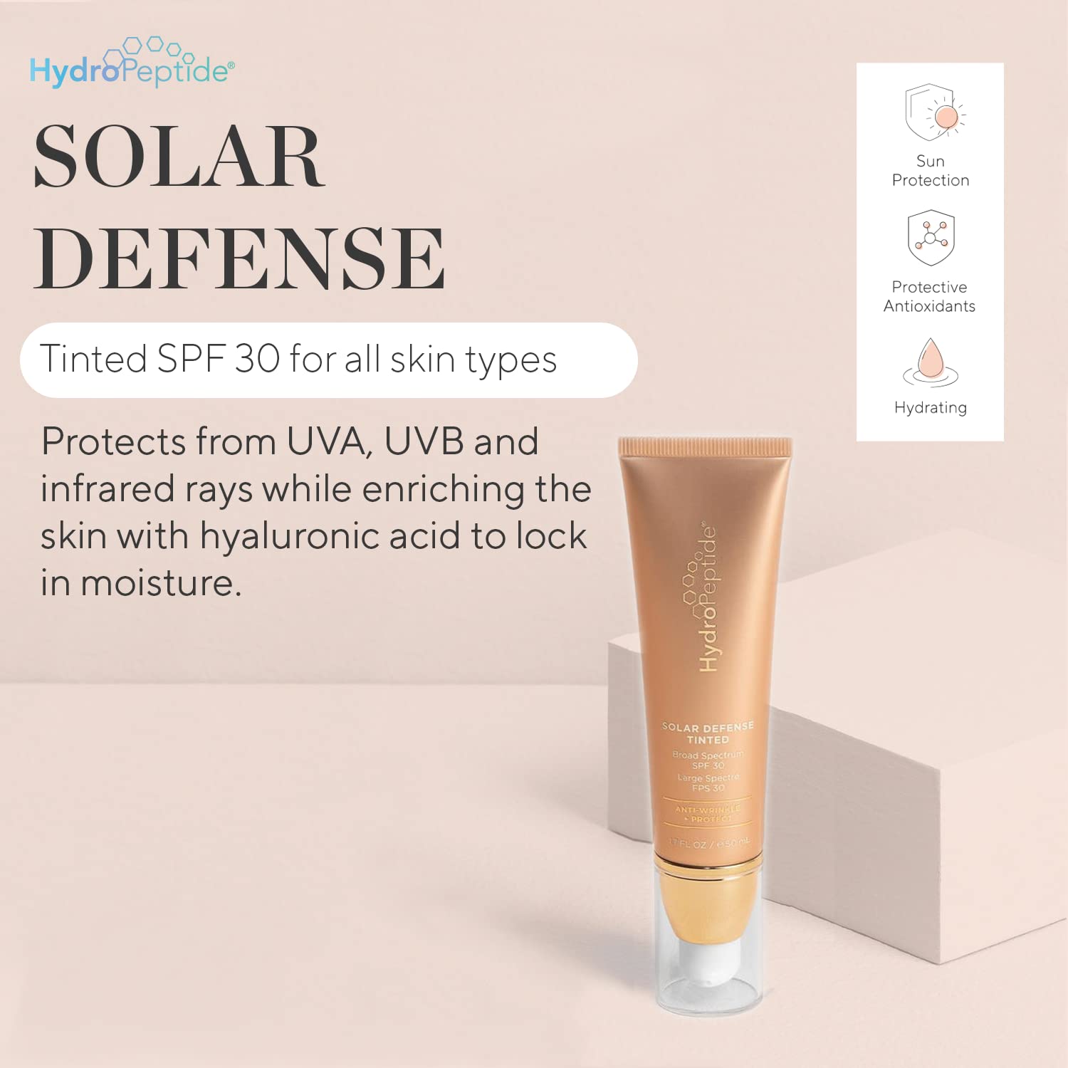 HydroPeptide Solar Defense Face Sunscreen, SPF 30 Broad Spectrum, Tinted BB Cream, Moisturizing Antioxidant, Reef-Safe,1.7 Ounce (Packaging May Vary)